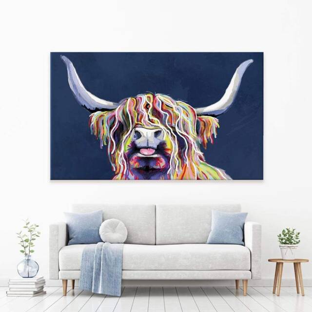 Cheeky Coo in Navy Blue Canvas Print, Ready To Hang, Highland Cow ...