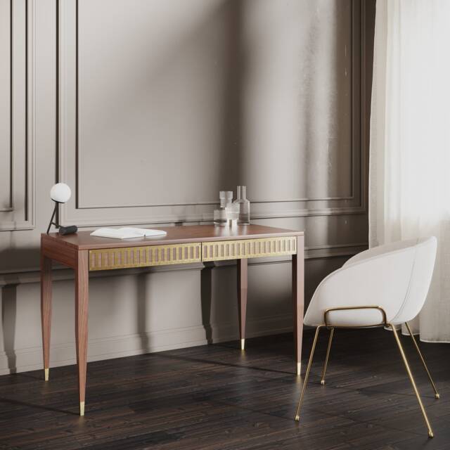 Walnut Office Desk With Two Solid Walnut Drawers & Brass, Mid Century ...