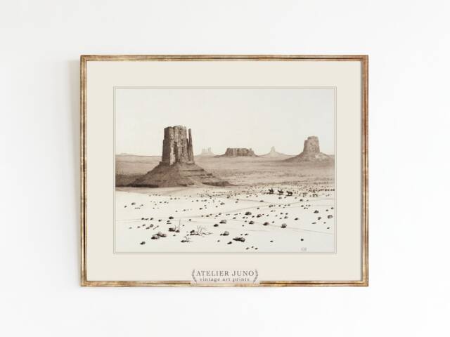 Desert Monuments - Vintage Western Art Sketch Black & White Ink Drawing ...