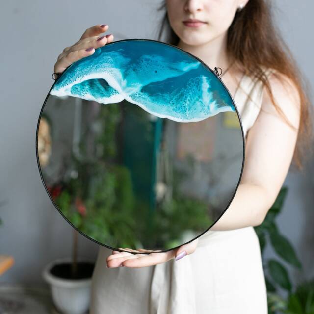 Ocean Wave Round Wall Mirror Set - Resin Art Mirrors, Coastal Beach ...