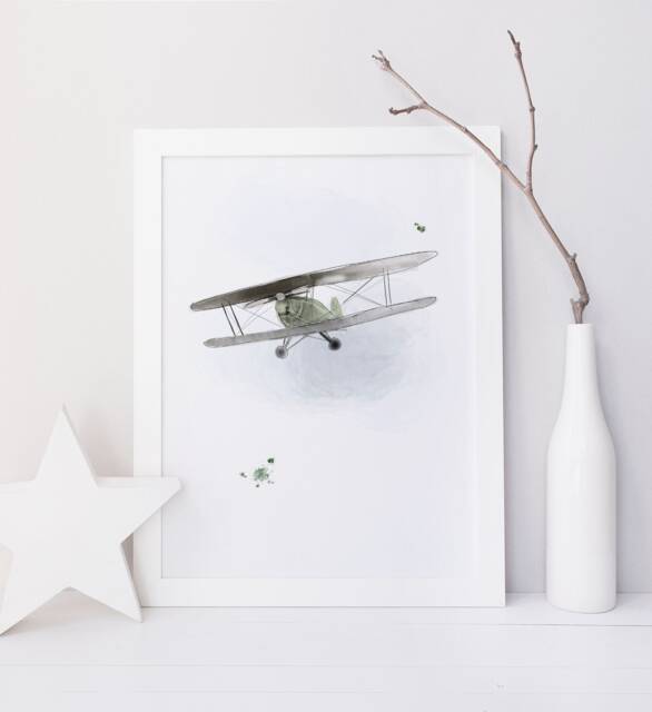Vintage Green Biplane Front View Print - Retro Wall Art For Kids' Room ...