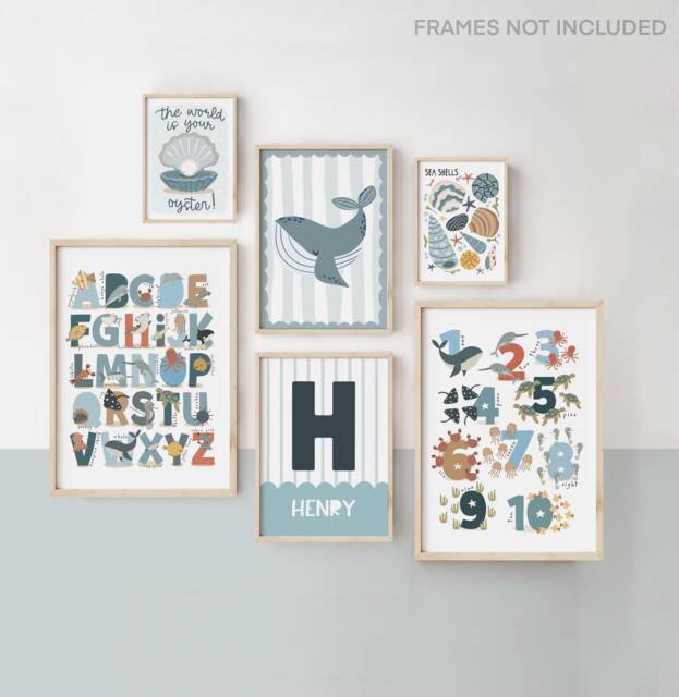 Set Of 6 Personalised Gallery Wall Print in Blue, Alphabet & Numbers ...