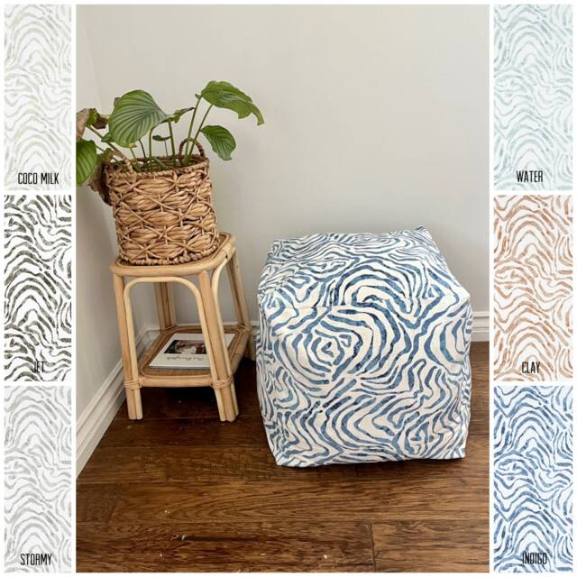 Water Colored Lines Pouf Ottoman, Paintbrush Effect Pouf, Blue & White ...
