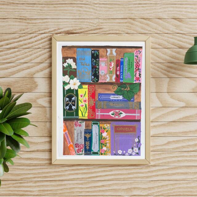Floral Bookshelf Watercolor Painting Nature Inspired Library Wall Art ...
