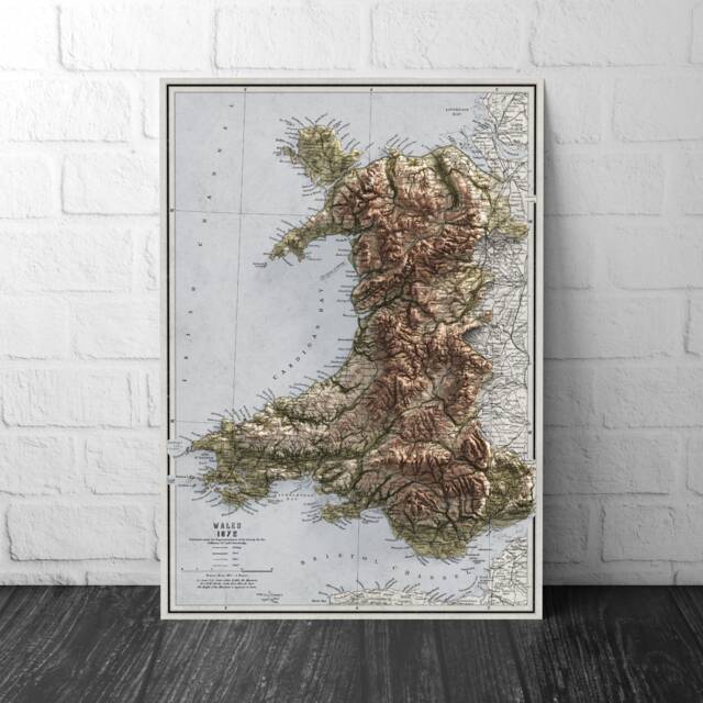 Wales Map - Vintage Cymru Elevation 1872 2D Welsh Poster 3D Effect ...