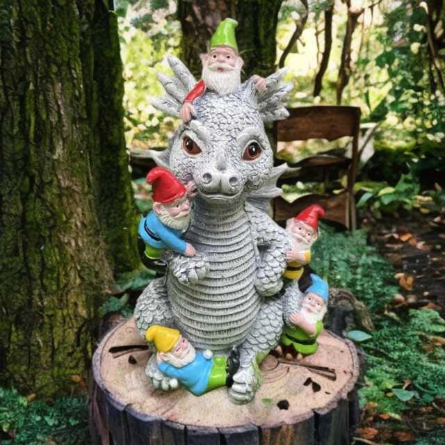 Dragon Garden Statue With Climbing Gnomes Funny Outdoor Yard Decor ...