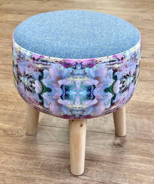 Floral Velvet & Blue Harris Tweed Footstool With Rustic Wooden Legs by ...