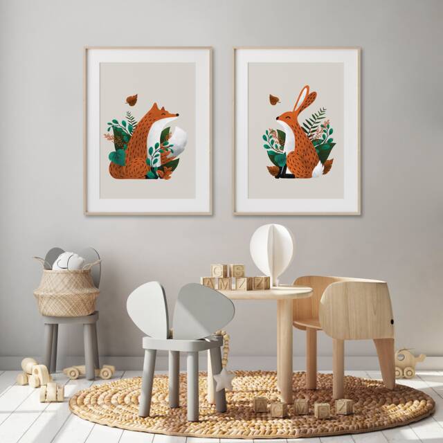 Scandi Woodland Nursery Prints - Fox & Hare Neutral Set Of Two - Wall ...