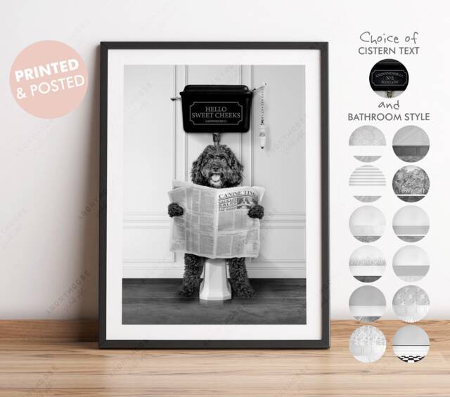 Black & White Print Cockapoo Dog On Toilet With Newspaper, Victorian ...