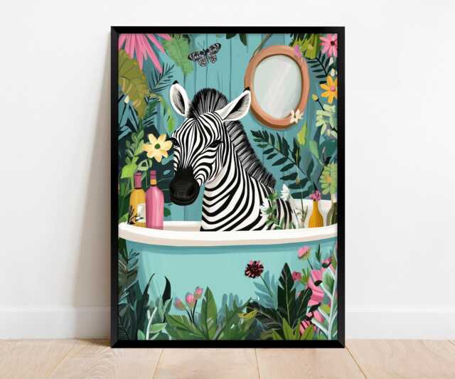 Zebra in Bathtub Bathroom Wall Art, Tropical Floral Print, Funny Animal ...