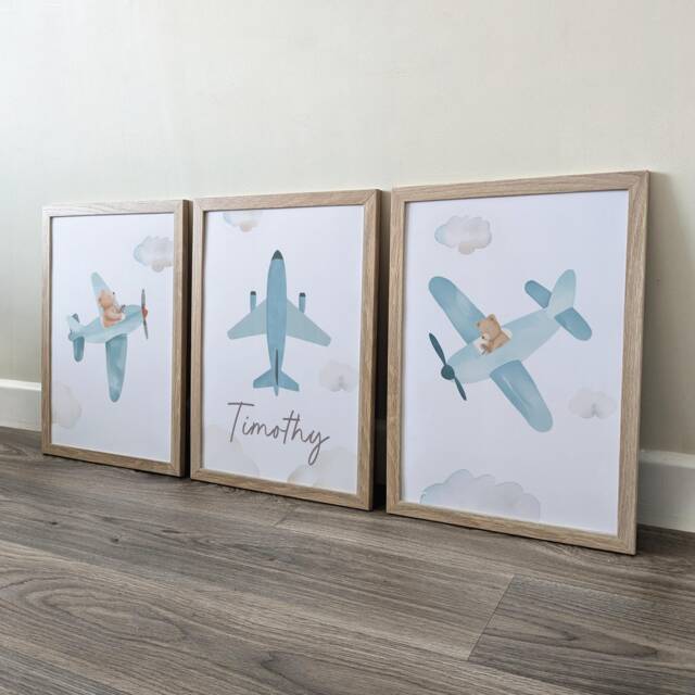 Plane Personalised Nursery Wall Prints, Set Of 3 Bear Airplane Custom ...