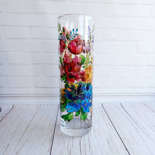 stained Glass Vase Peonies 10 in - 26 cm Flowers Round Hand Painted ...