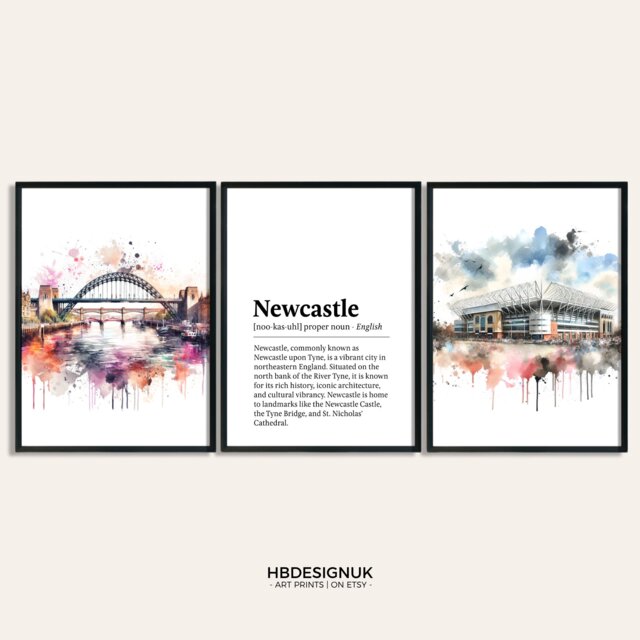 Newcastle Print Set - Of 3 Posters - Watercolour Tyneside Wall Hanging ...