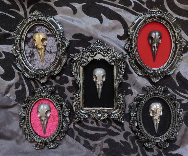 Gothic Miniature Framed Crow Raven Skull Ornate Gallery Wall Decor ...