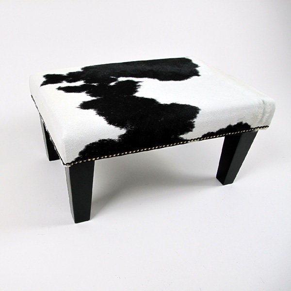 "Small Black & White Rectangular Cowhide Footstool 316. Real Hair On ...