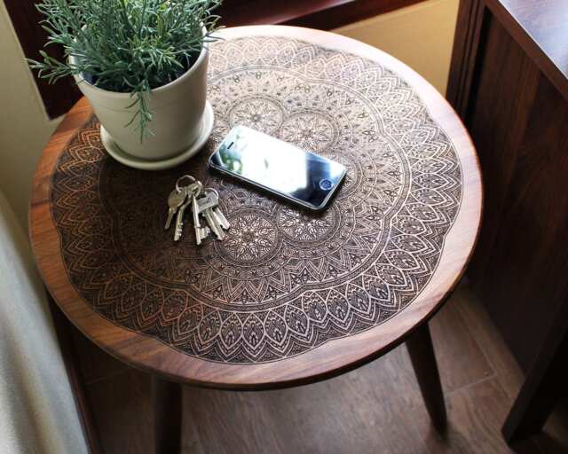 Engraved Walnut Teak Hardwood End/Side Table Or Night Stand - Geometric ...