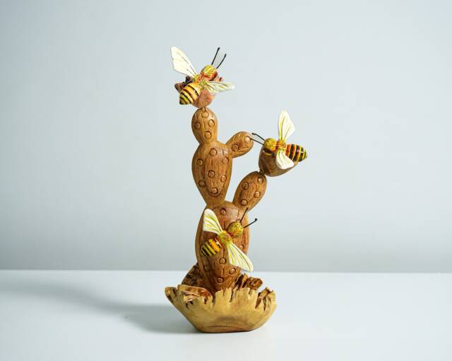 Bee Comb On Cactus Statue, Bees Figurine, Wood Carving, Painted Bee ...