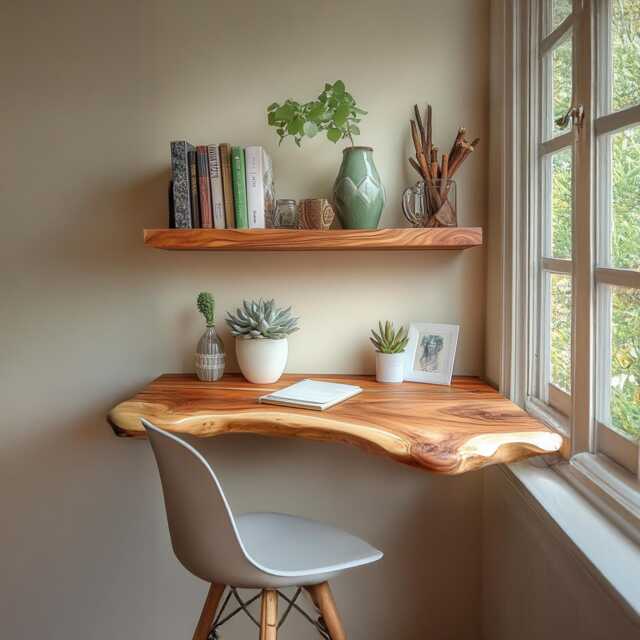 Rustic Wood Floating Desk Wall Mounted Study Table Home Office Hanging ...