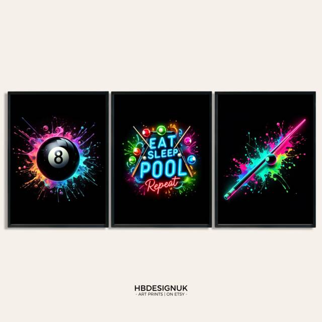 Billiards Neon Wall Art Set - Of 3 Prints - Watercolor Painting ...