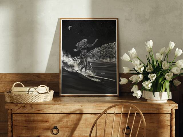 Moonlit Surf - Surfer Girl Fine Art Print Vintage Ocean Wave ...