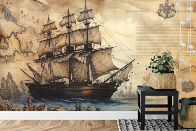Nautical Vintage Map Captain's Log Gift, Art Print Photomural Wallpaper ...