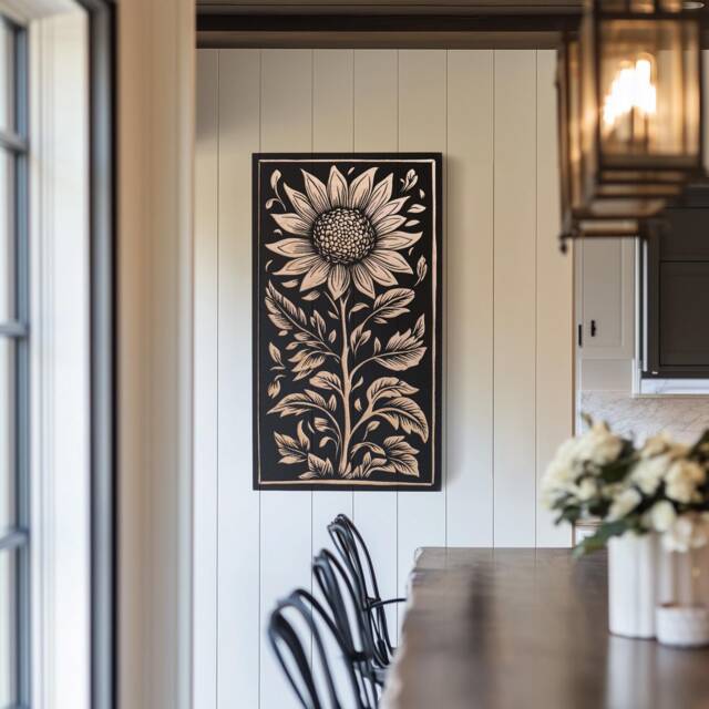 Big Sunflower Engraved Birch Wood Panel - Block Print Inspired Floral ...