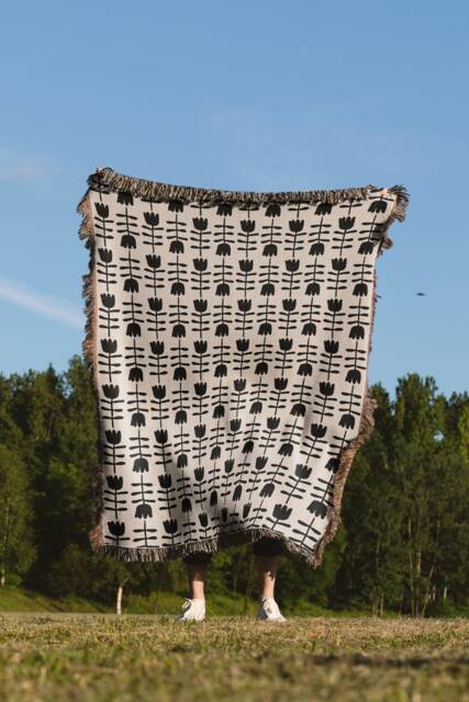 Beige & Black Flower Doodle Woven Cotton Throw Blankets by Etsy | ufurnish.com