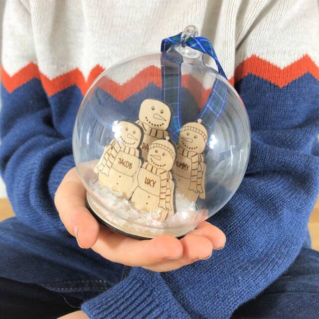 Personalised Family Christmas Glass Bauble Engraved Wooden Snow People ...