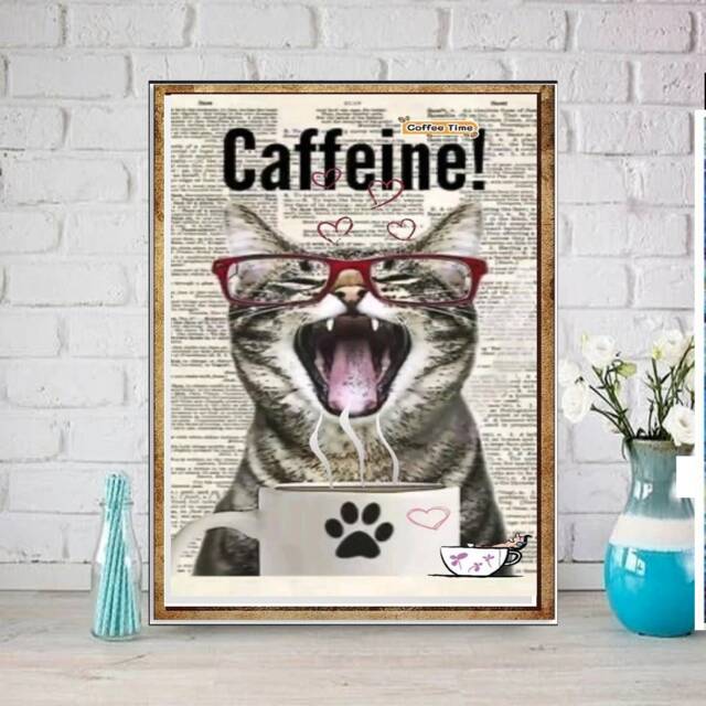 Laughing Tabby Cat With Cup Of Coffee Poster , Tabby Cat Wall Art ...