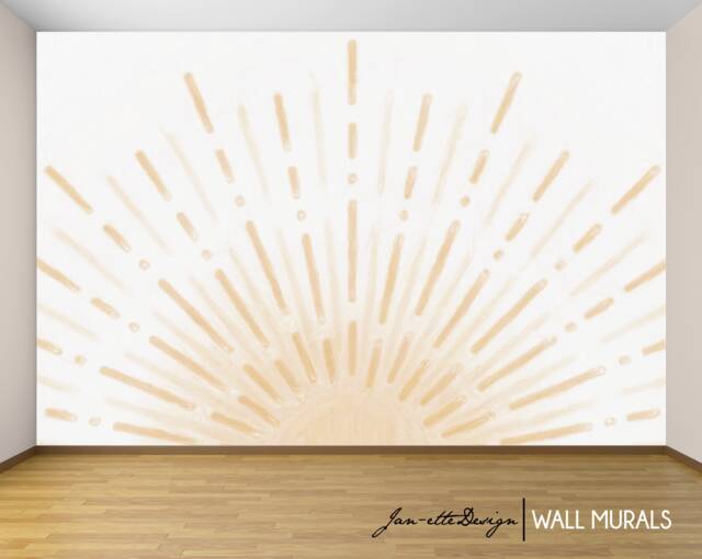 Watercolor Sunburst Wall Mural, Boho Rainbow Wallpaper, Removable Decal, Accent Mural, Neutral ...