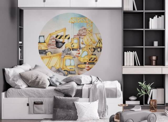 Round Wall Decal With Construction Vehicles, Excavator Stickers For ...