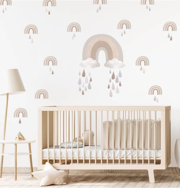 Rainbow Wall Sticker For Children's Room, Beige Rainbow With Clouds ...