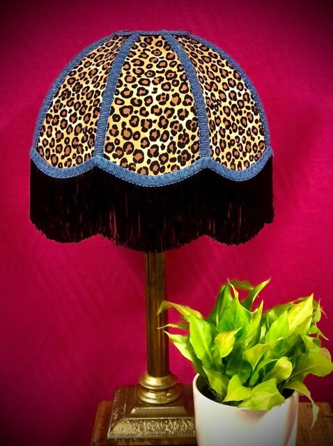 Leopard Print Dome Lampshade Beige Animal With Blue Trim & Black Fringe ...