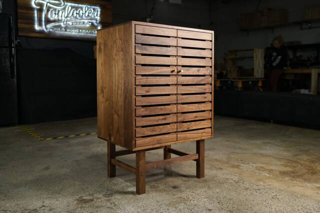 Fulton Floor Cabinet, Modern Wood Tall Cabinet With Slats, Legs - Shown ...