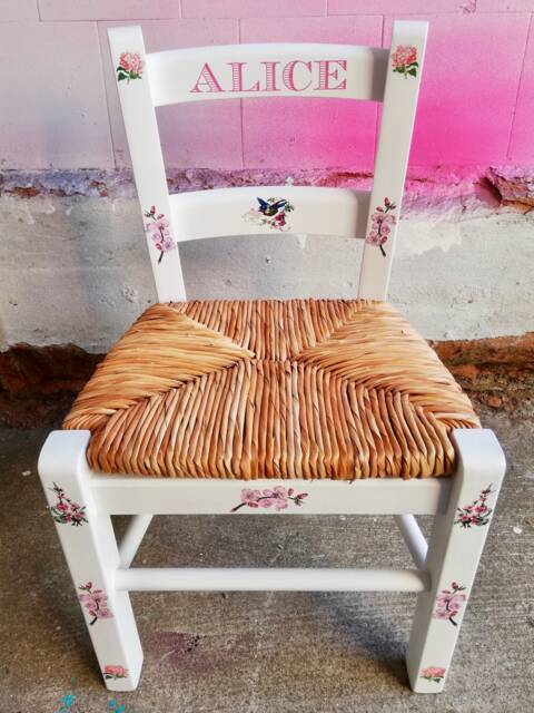 Upcycled Rush Seat Personalised Children's Chair - Blossom Bird Theme ...