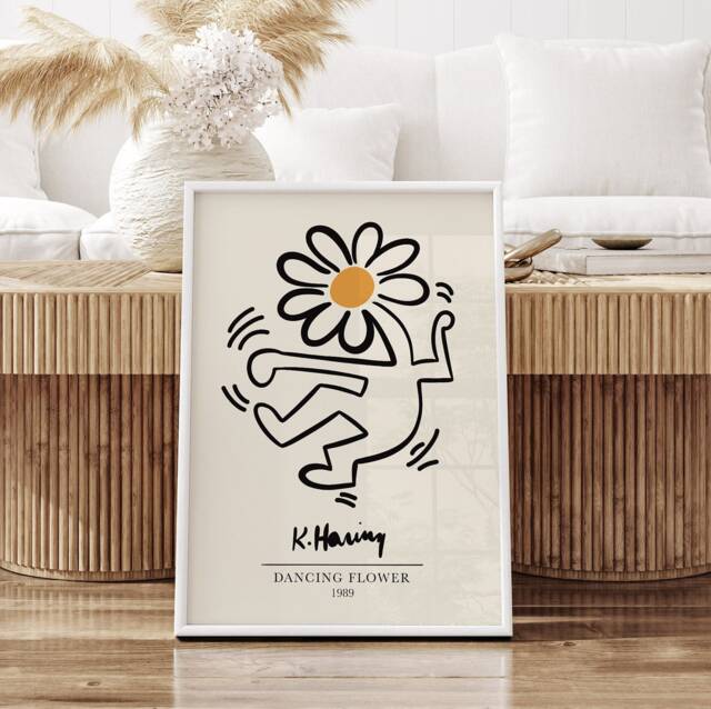 Yellow Flower Print, Wall Art, Keith Haring, Floral Decor, Modern Art ...