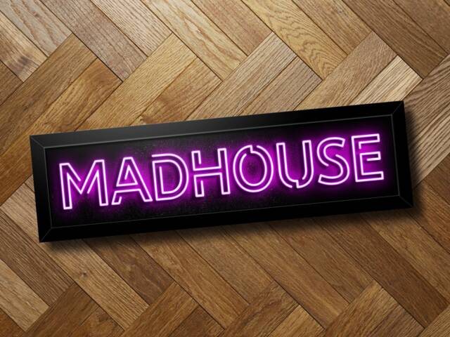 Madhouse Print - Purple Neon Bar Sign Black Framed Gallery Wall Art ...