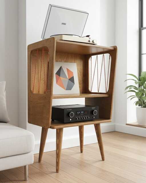 Handmade Mid-Century Modern Plywood Record Player Unit With Vinyl ...