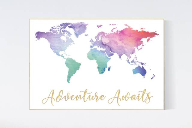 Adventure Awaits, World Map Poster, World Map Wall Art, Nursery Pink ...