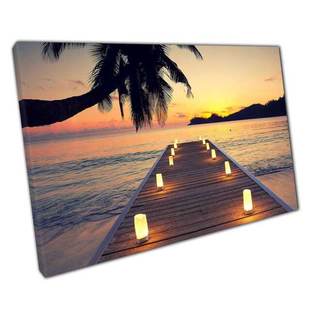 Wooden Candle Jetty Canvas Print - Tropical Beach Sunset Wall Art For ...