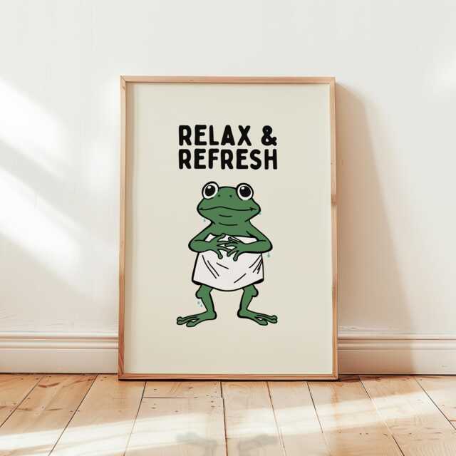 Relax & Refresh Print, Frog Funny Poster, Cute Bathroom Prints, Hand ...