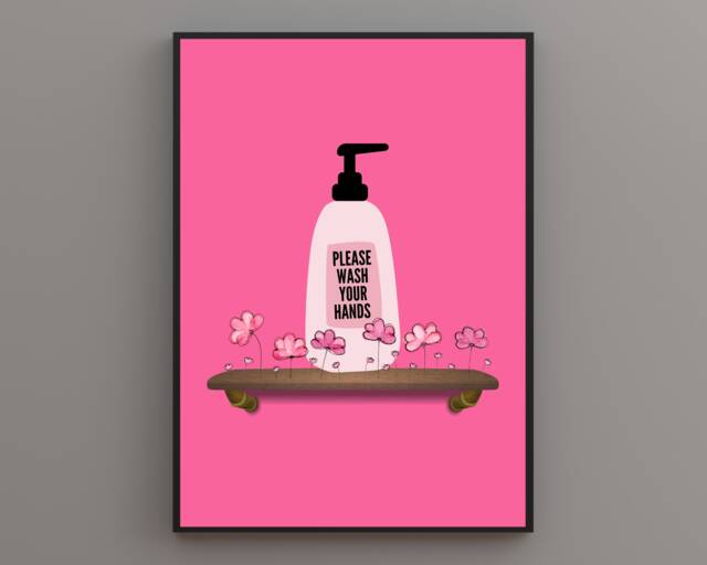 Pink Bathroom Prints, Please Wash Your Hands, Hand On Shelf, Art ...