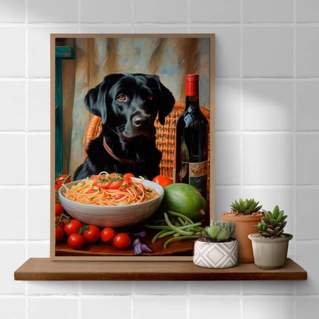 Italian Inspired Black Labrador Eating Spaghetti- Funny A4 Art Print ...