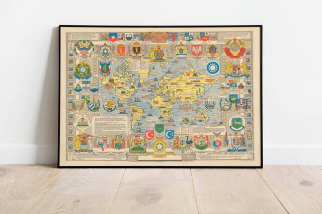 World Map Print- Art History- 1948 United Nations Wall Art- Framed ...