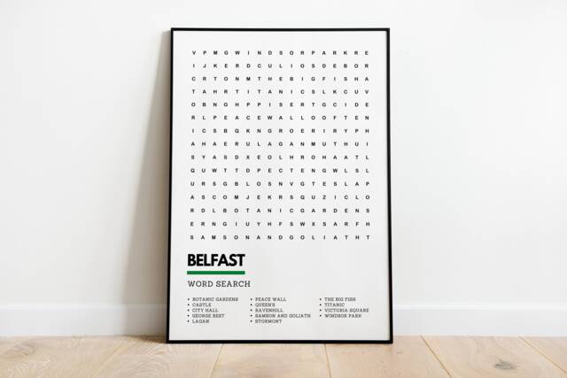 Belfast Print Northern Ireland Wordsearch Art Poster A4 A3 - Queen's ...