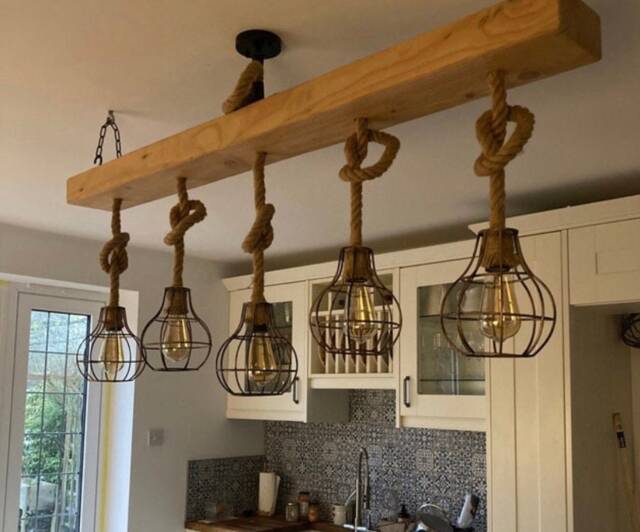 Rustic Wooden Beam Pendant Rope Light Fixture, Edison Bulb Holders ...