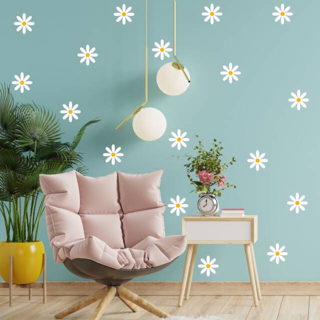 Daisy Wall Decal Sticker - Boho Modern Flower White Yellow Decor Vinyl ...