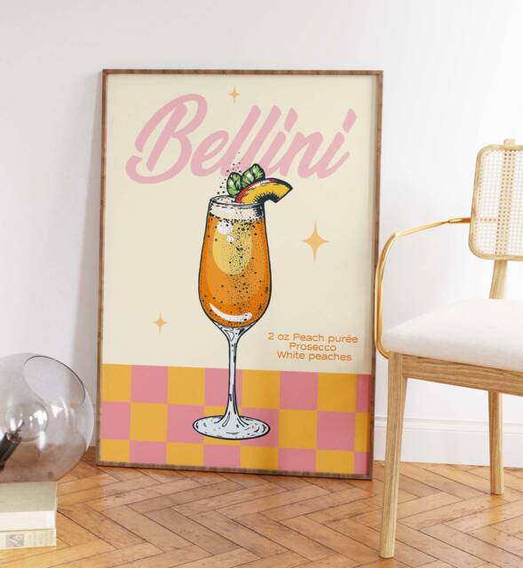 Bellini Cocktail Print, Drink Colourful Art, Bar Prints, Wall Decor ...