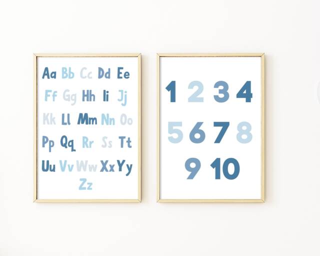 Set Of 2 Blue Alphabet & Number Print, Abc 123 Boys Nursery, Room Wall ...
