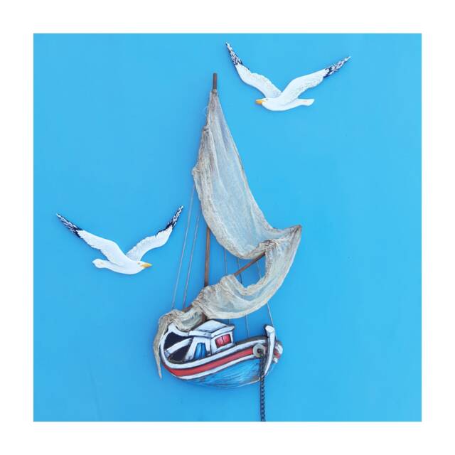 Colourful Set With Sailing Boat & Flying Seagull Nautical Coastal ...
